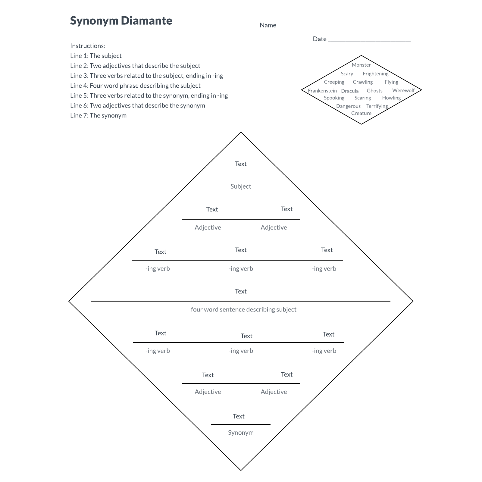 Diamante poetry worksheets