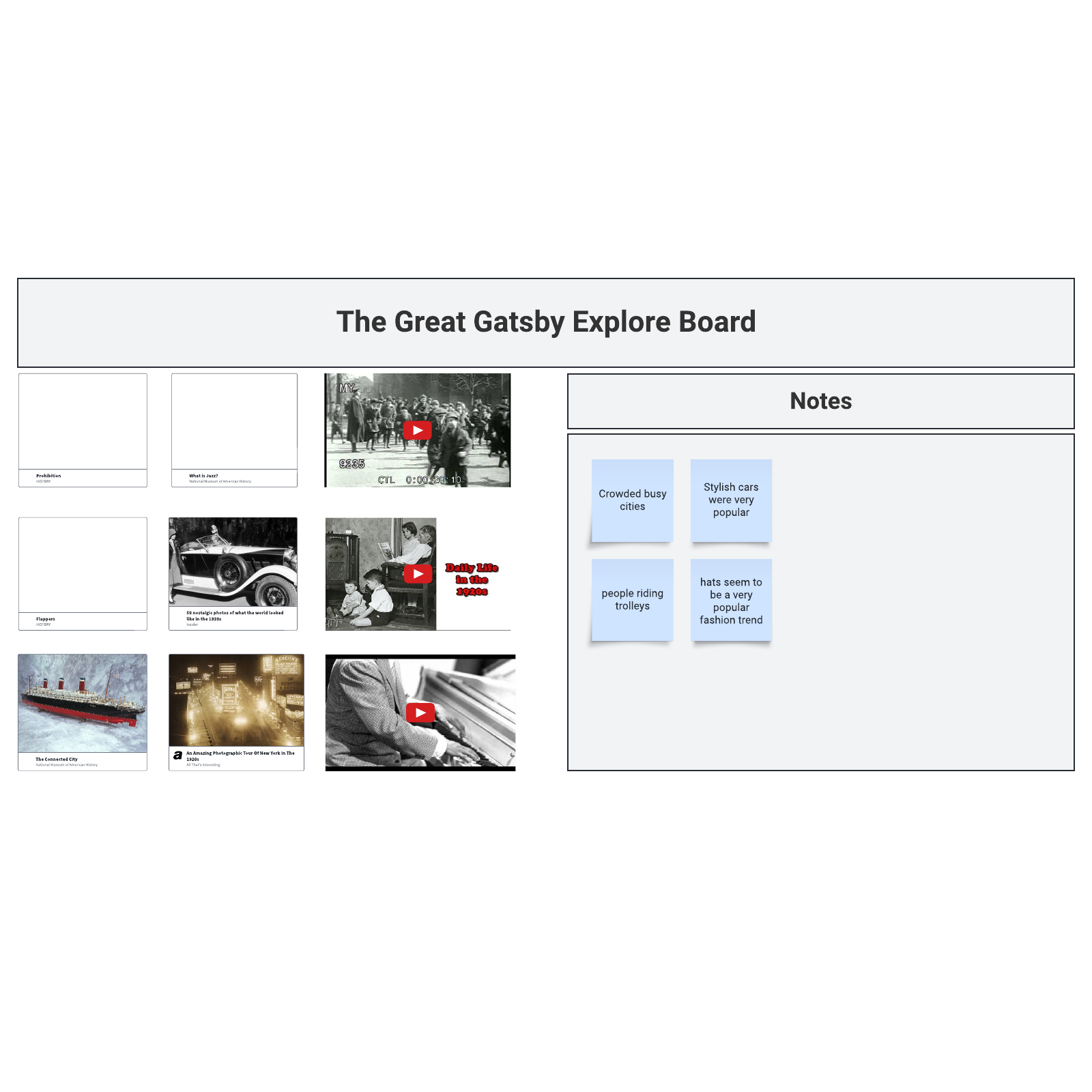 Great Gatsby explore board example